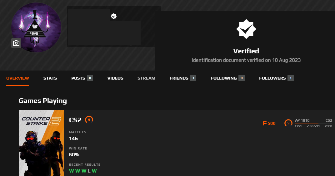 CS2 VERIFIED FACEIT ACCOUNT (9 LVL) 1910 ELO - low price | ArcticBoost